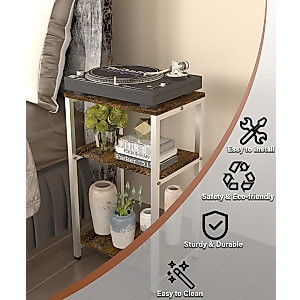 Tigerden 3 Tier Side Table, Heavy Duty End Table with Shelves, Narrow nightstand Table for Small Spaces, Record Player Table for Bedroom, Living Room, Sofa Couch - Rustic Brown & White