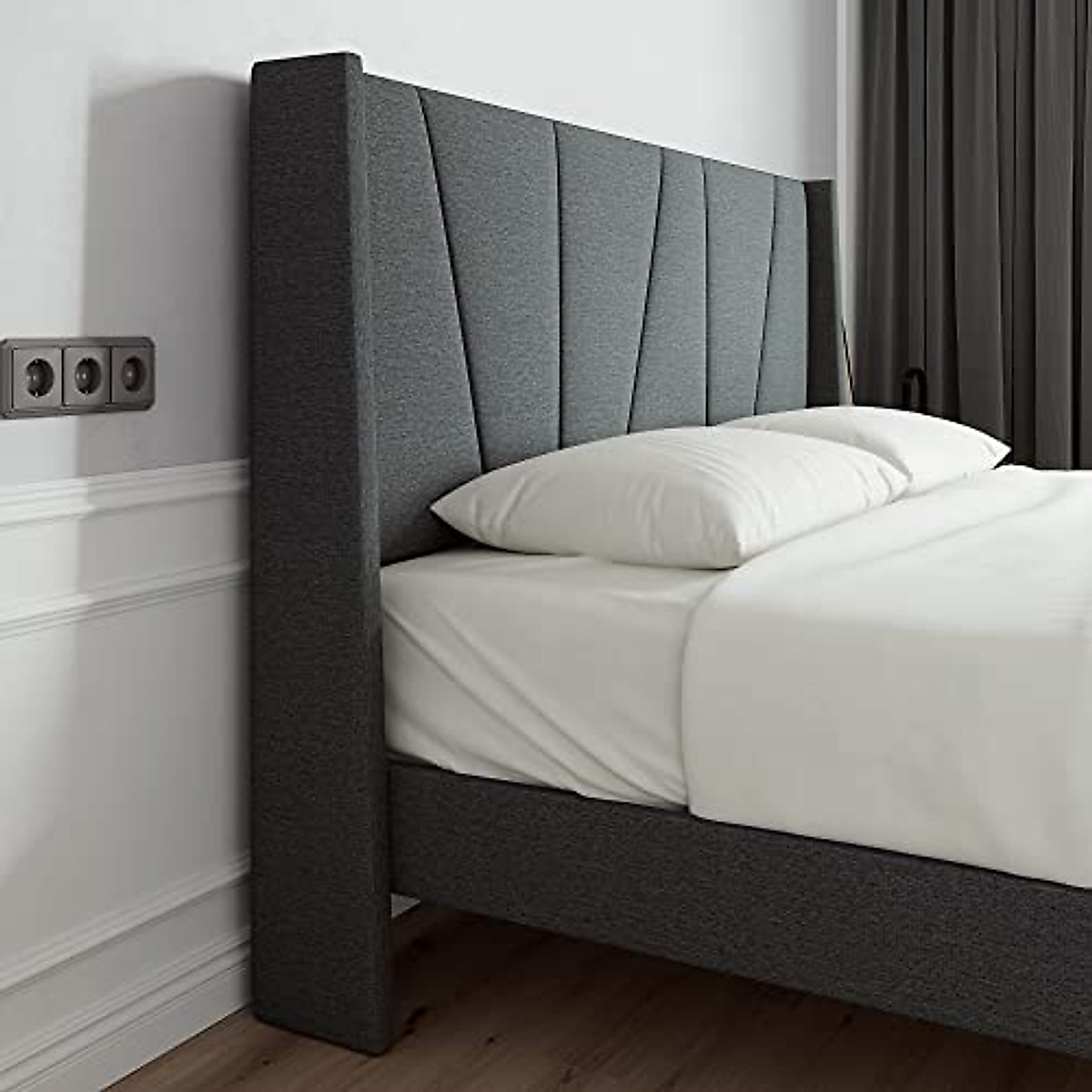 SHA CERLIN Queen Bed Frame, Upholstered Platform Bed with Geometric Headboard and Wingback, Wood Slat Support, No Box Spring Needed, Grey