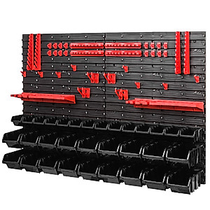 PAFEN Workshop Shelf Storage System - 1152 x 780 mm - Wall Shelf with Black Stacking Boxes, Red Tool Holder - Shed Shelf Wall Plates Extra Strong