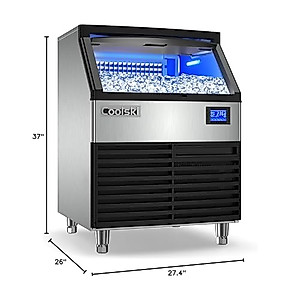Coolski Commercial Ice Maker Machine 200LBS/24H, 26’’ Under Counter Ice Machine with 80LBS Storage Capacity, Stainless Steel Ice Maker for Restaurant/Bar/Home, Air Cooled/Clear Ice Cubes/ETL Approved