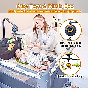 SKIH 5 in 1 baby bedside Sleeper, Bassinet with Toys & Music Box, Mattress, Foldable Playard, Portable Travel crib for Girl Boy Infant Newborn (Grey)