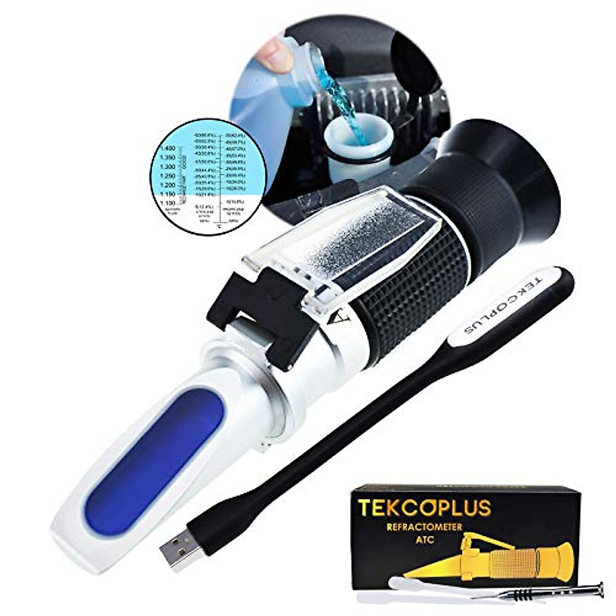 3-in-1 Antifreeze Refractometer, Battery Coolant Refractometer Antifreeze Tester for Checking Freezing Point, Battery Fluids SG with ATC, Battery Check-up Test, Coolant + Extra LED Light & pipettes