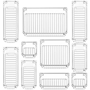 Puroma 10Pcs Drawer Organizer Set 5-size Versatile Vanity and Bathroom Drawer Organizers, Clear Plastic Desk Drawer Organizer Trays and Customize Layout Storage Bins for Makeup Kitchen Office (Clear)