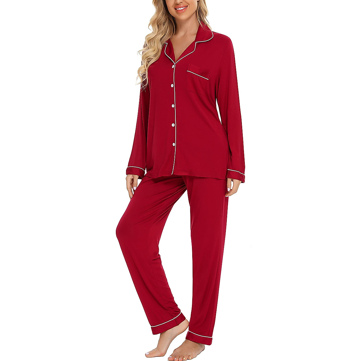 Pjmlifecoco Pj Sets for Woman Long Sleeve Button Down Sleepwear Two Piece Shirt and Pajama Pants Soft Pajamas Nightwear Lounge Set Red