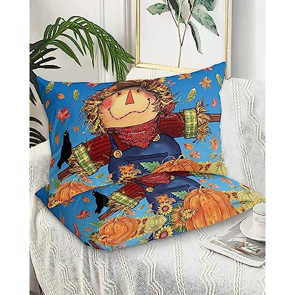 Edwiinsa Fall Scarecrow Pillow Covers King Standard Set of 2 Bed Pillow, Autumn Pumpkin Maple Leaves Blue Plush Soft Comfort for Hair/Skin Cooling Pillowcases with Envelop Closure 20''x36''