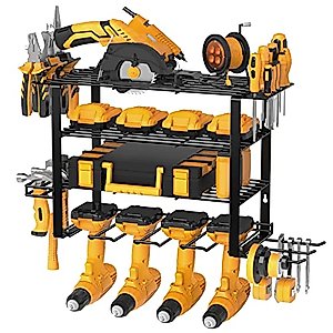 Mefirt Power Tool Organizer, Drill Holder Wall Mount, 4 Layer Heavy Duty Metal Tool Shelf, Garage Tool Organizers and Storage Rack, Utility Storage Rack for Cordless Drill Charging Station