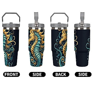 YTLKGFP 30 Oz Large Capacity Car Cup Seahorse Blue Pattern Tumbler with Handle Straw Lid Insulated Stainless Steel Water Bottle Travel Mug Leak-proof Car Cup Keeps Cold Or Hot