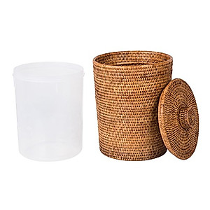 Kouboo La Jolla Rattan Round Plastic Insert & Lid, Large, Honey-Brown for Bedroom, Living Room and Bathroom Basket for Dry and Organic Waste