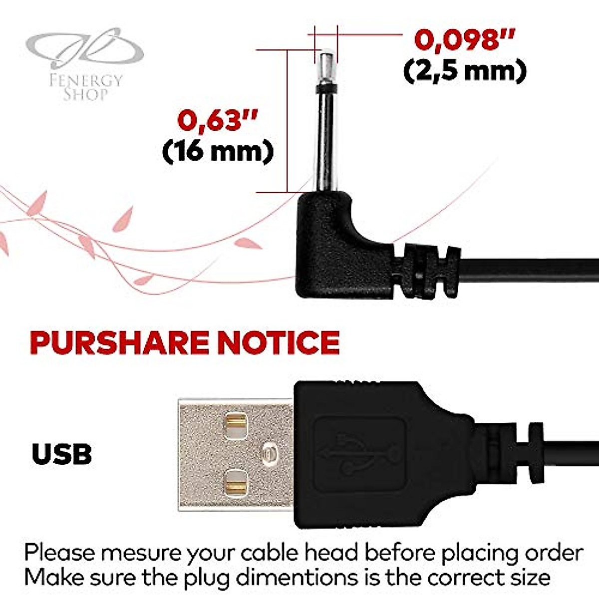 FENERGY SHOP Replacement DC Charging Cable | USB Charger Cord - 2.5mm (Black) - Fast Charging