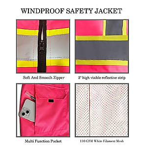 ZUJA High Visibility Bomber Safety Jacket ANSI Class 3 Reflective Jacket Pocket and Zipper Reflective Hoodie Windproof Hi Vis Rain Jacket for Men & Women (Pink, M)