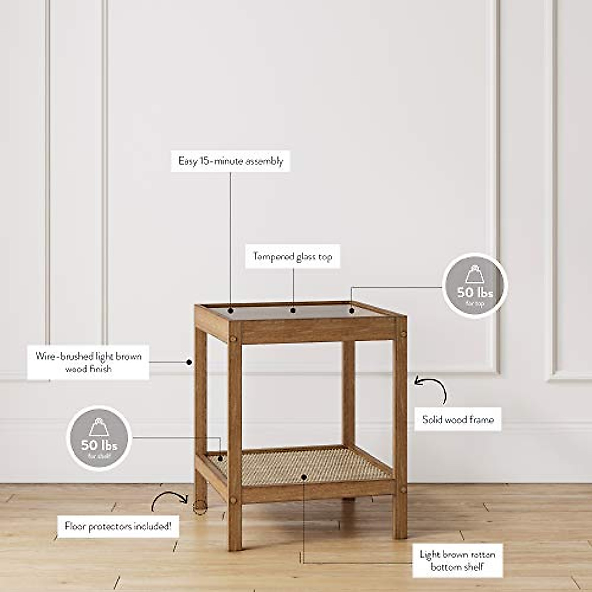 Nathan James Nash Modern Solid Wood Accent End or Side Table, Light Brown/Glass 18 in x 18 in x 22 in