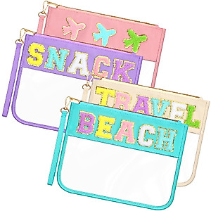 Remerry 4 Pack Chenille Letter Bag Clear Monogram Cosmetic Makeup Bag Travel Snack Beach Stuff Patch Pouch Preppy Gifts for Women Girls(Pink, Beige, Purple, Blue, Novel)