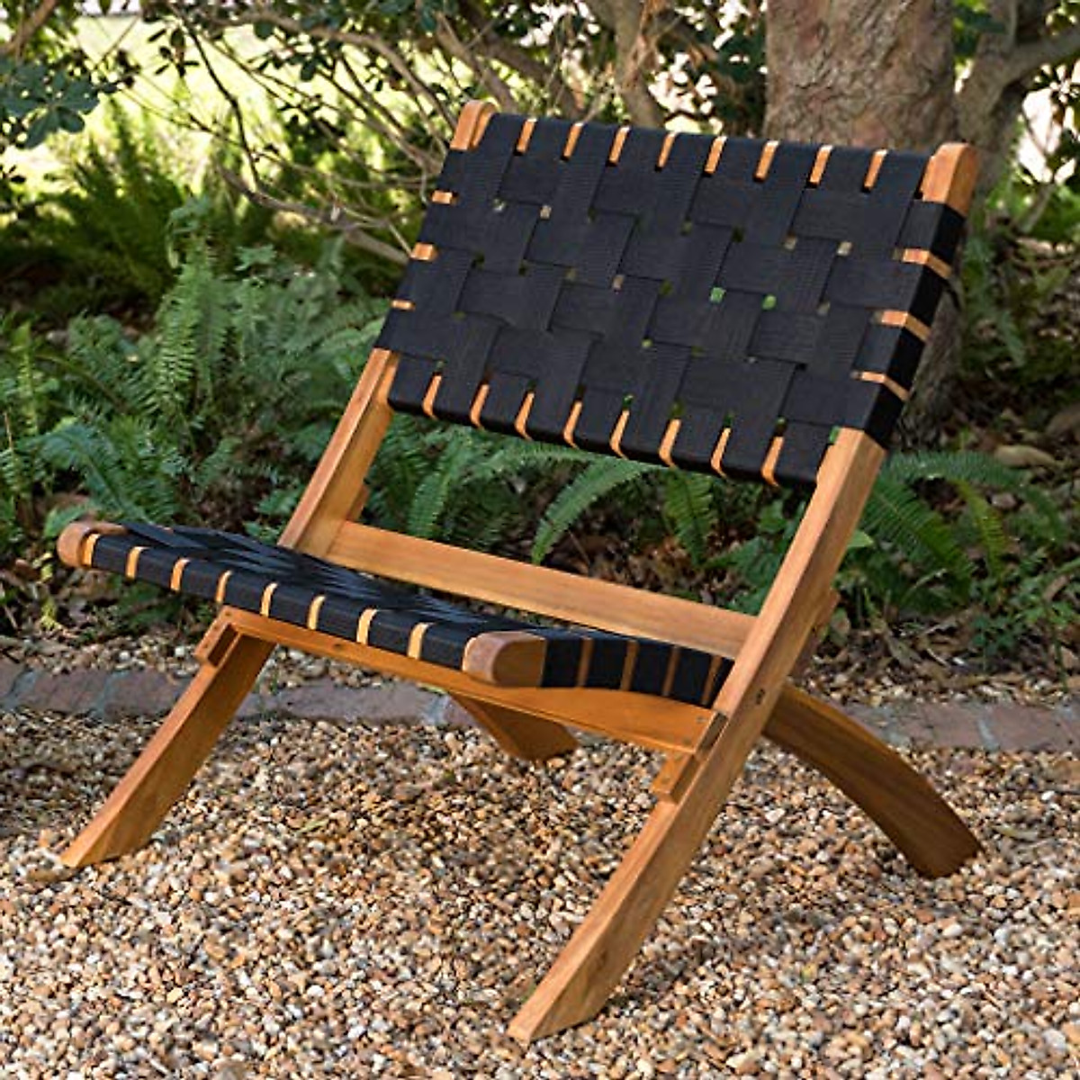 Patio Sense 62774 Sava Indoor Outdoor Folding Chair All Weather Wicker Low Slung Portable Seating Solid Acacia Wood Woven Seat & Back Indoors Porch Lawn Garden Fishing Sporting - Black Webbing