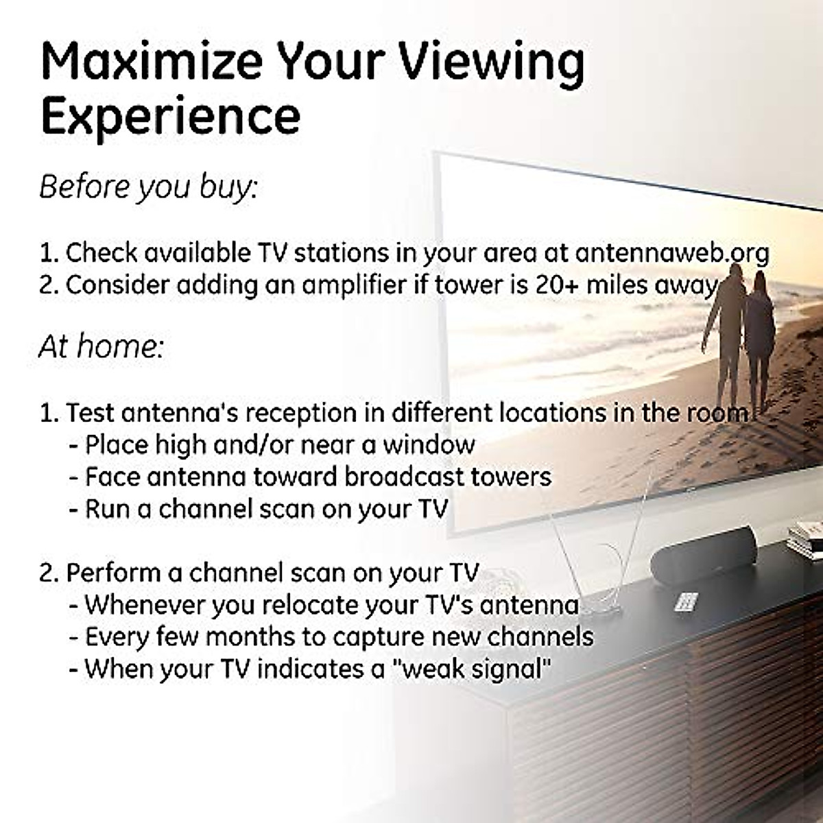 GE Indoor HD Digital TV Antenna Amplifier, Low Noise Antenna Signal Booster, Clears Up Pixelated Low-Strength Channels, Supports HD Smart TV VHF UHF, AC Adapter, Black, 42178