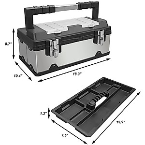 BIG RED A5519BR Torin 19" Stainless Steel and Plastic Portable Storage Tool Box Organizer with Metal Lock, Multiple Compartments, Clear Lid and Removable Trays - Stainless Steel/Black