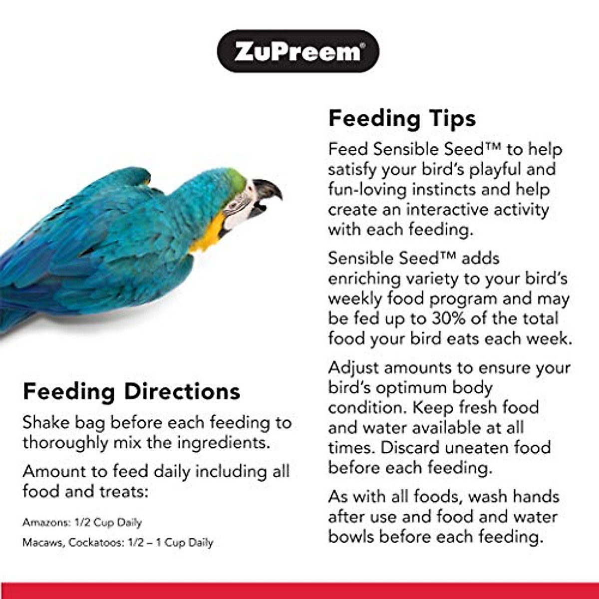 ZuPreem Sensible Seed Bird Food for Large Birds, 2 lb Bag - Premium Blend of Seeds and FruitBlend Pellets for Amazons, Macaws, Cockatoos