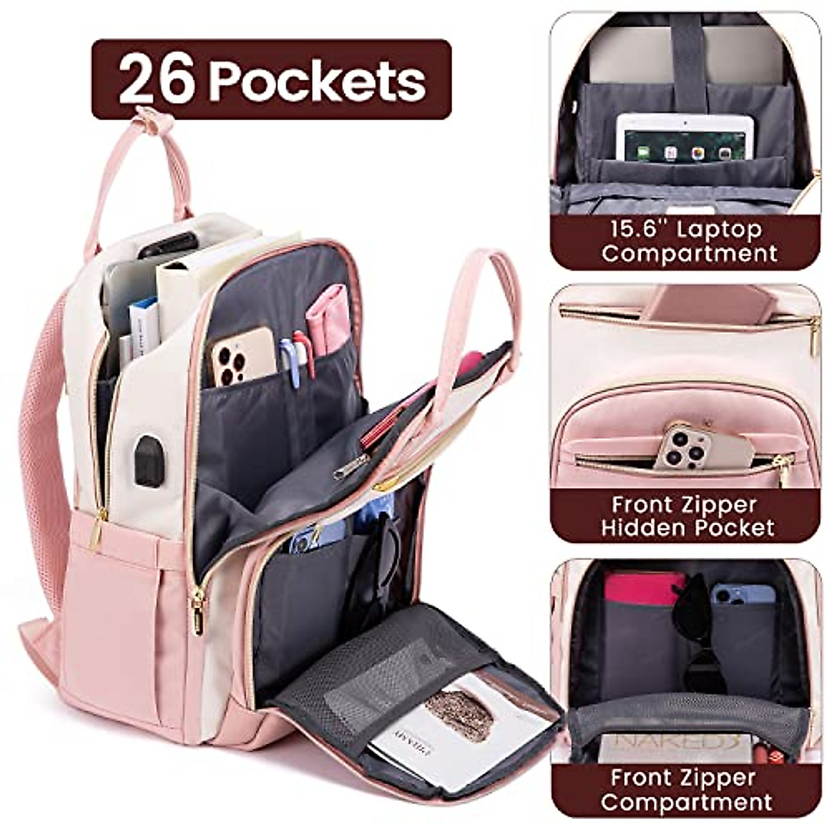 LOVEVOOK Laptop Backpack Women, Fits 15.6 Inch Laptop Bag, Fashion Travel Work Anti-theft Bag with Lock, Business Computer Waterproof Backpack Purse, University Backpacks, Beige-Pink-Pink