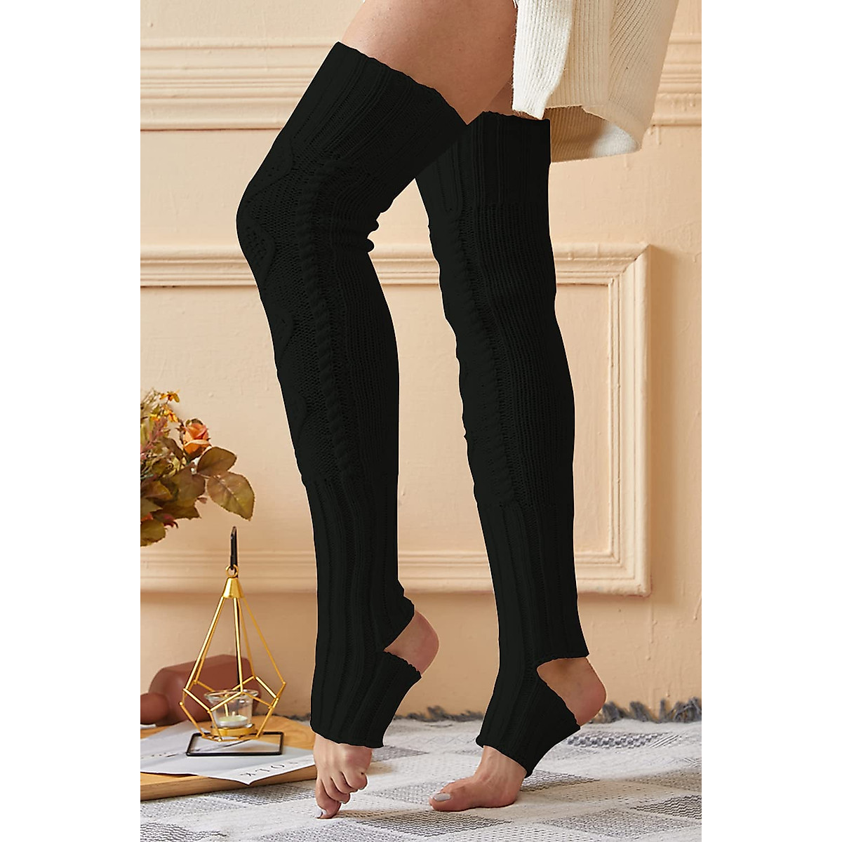 Leoparts Women's Extra Long Stirrup Leg Warmers Winter Knitted Over Knee Thigh High Footless Socks