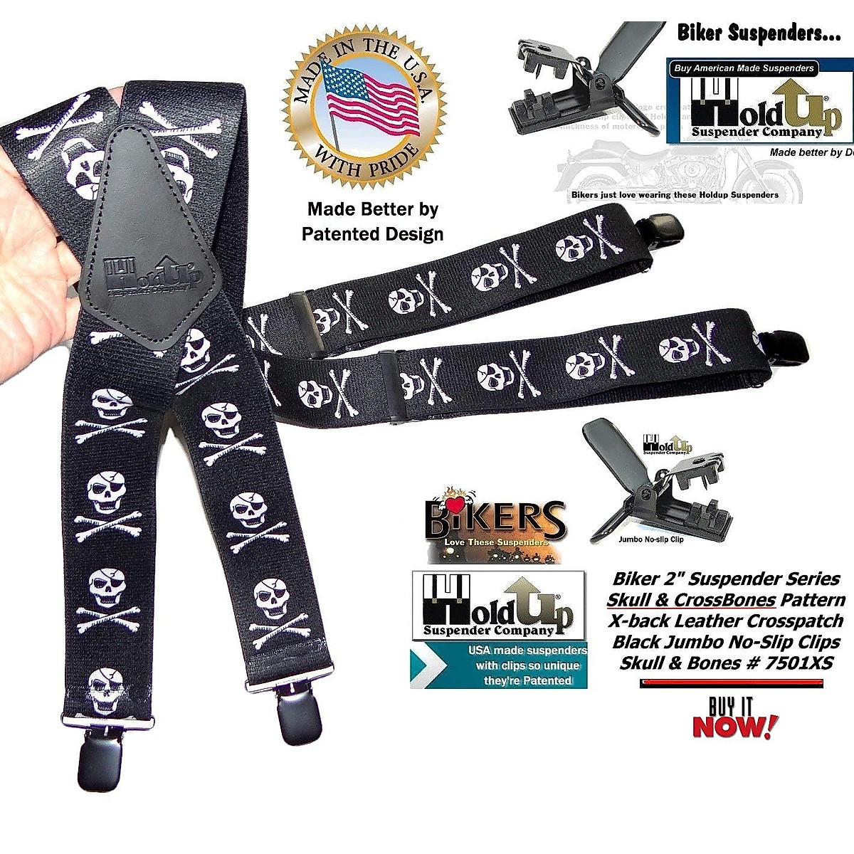 Holdup Suspender Company 2" wide Biker Skull & Crossbones Suspenders for Men with Patented Jumbo black metal no-slip Clips