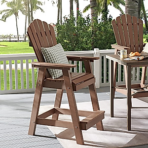 Psilvam Tall Adirondack Chair Set of 2, Poly Lumber Outdoor Bar Stools with Connecting Tray, 350Lbs Support Patio Chairs for Balcony, Deck, Weather Resistant Outdoor Patio Furniture Sets (Brown)