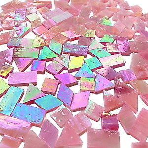 KALUCION Magic Iridescent Pink Stained Glass Mosaic Tiles for Crafts, 280 Pieces Mixed 4 Shapes Stained Glass Sheets Pieces for Mosaics