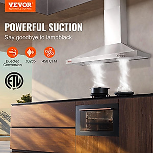 VEVOR TD1775Y-AC-I1 Wall Mount Range Hood Ducted Kitchen Stove Vent, Silver