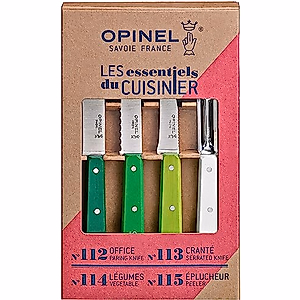 Opinel Les Essentials Small Kitchen 4 Piece Knife Set - Paring Knife, Serrated Knife, Peeler, Vegetable Knife, Corrosion Resistant High Carbon Steel, Made in France (Primavera)