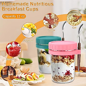 COOKWIN Overnight Oats Containers with Lids and Spoon,8 Pack Overnight oats containers with lids glass,12 oz Wide Mouth Overnight oats jars,Meal Prep Jars with Measurement Scale for Oats Milk Salad