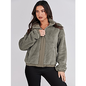 ANRABESS Womens Fleece Jacket Casual Long Sleeve Cropped Sherpa Button Down Fuzzy Warm Coats Fall Outwear With Pockets Grey Medium
