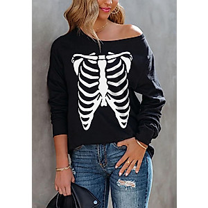 Womens Halloween Sweatshirt Lady Party Sexy Casual Tops Long Sleeve Funny Off Shoulder Wear Skeleton X-Large