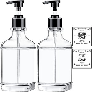Clear Soap Dispenser with Pump, Waterproof Labels (2 Pack,18 Oz), Plastic Hand Soap Dispenser, Dish Soap Dispenser for Kitchen and Bathroom, Soap Dispenser Bathroom Bottle