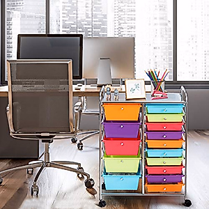Giantex 15-Drawer Organizer Cart Office School Storage Cart Rolling Drawer Cart for Tools, Scrapbook, Paper (Multicolor)