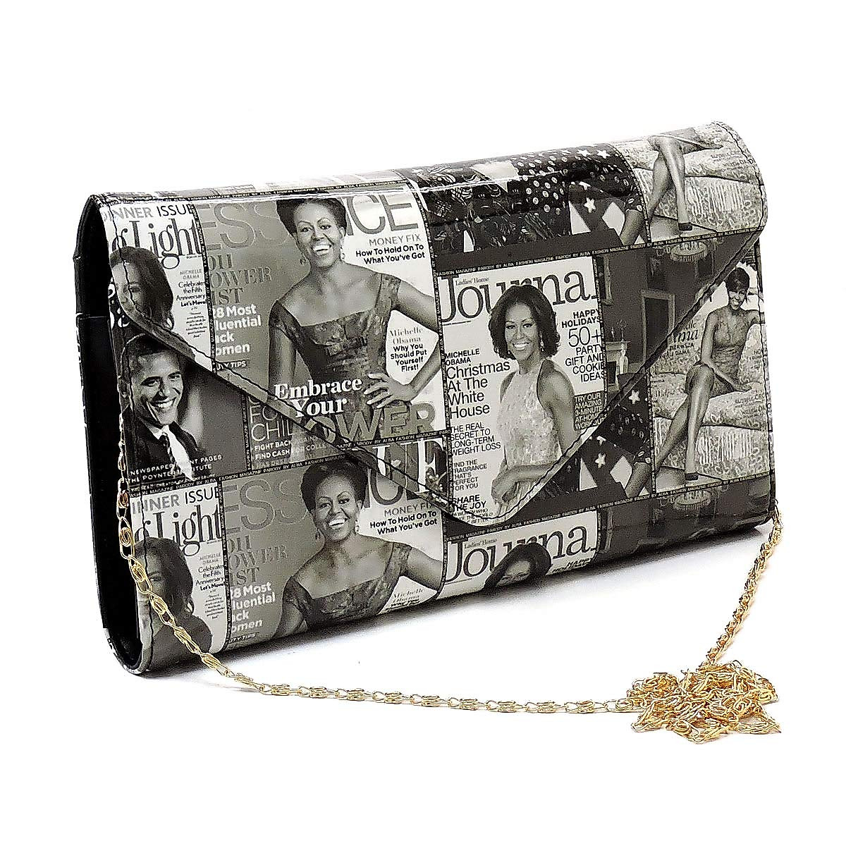 JUNZUP Glossy Magazine Cover Collage Michelle Obama Printed Satchel Bag + Envelope Clutch + Wallet 3pcs Set (Grey/Bk)