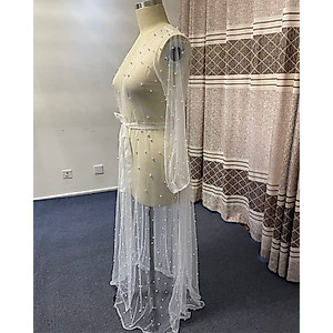 Pearl Long Sleeve Wedding Jacket Tulle Party Shawl BOLERO Floor-Length Bridal Cape Sexy pearl robe(white,M)