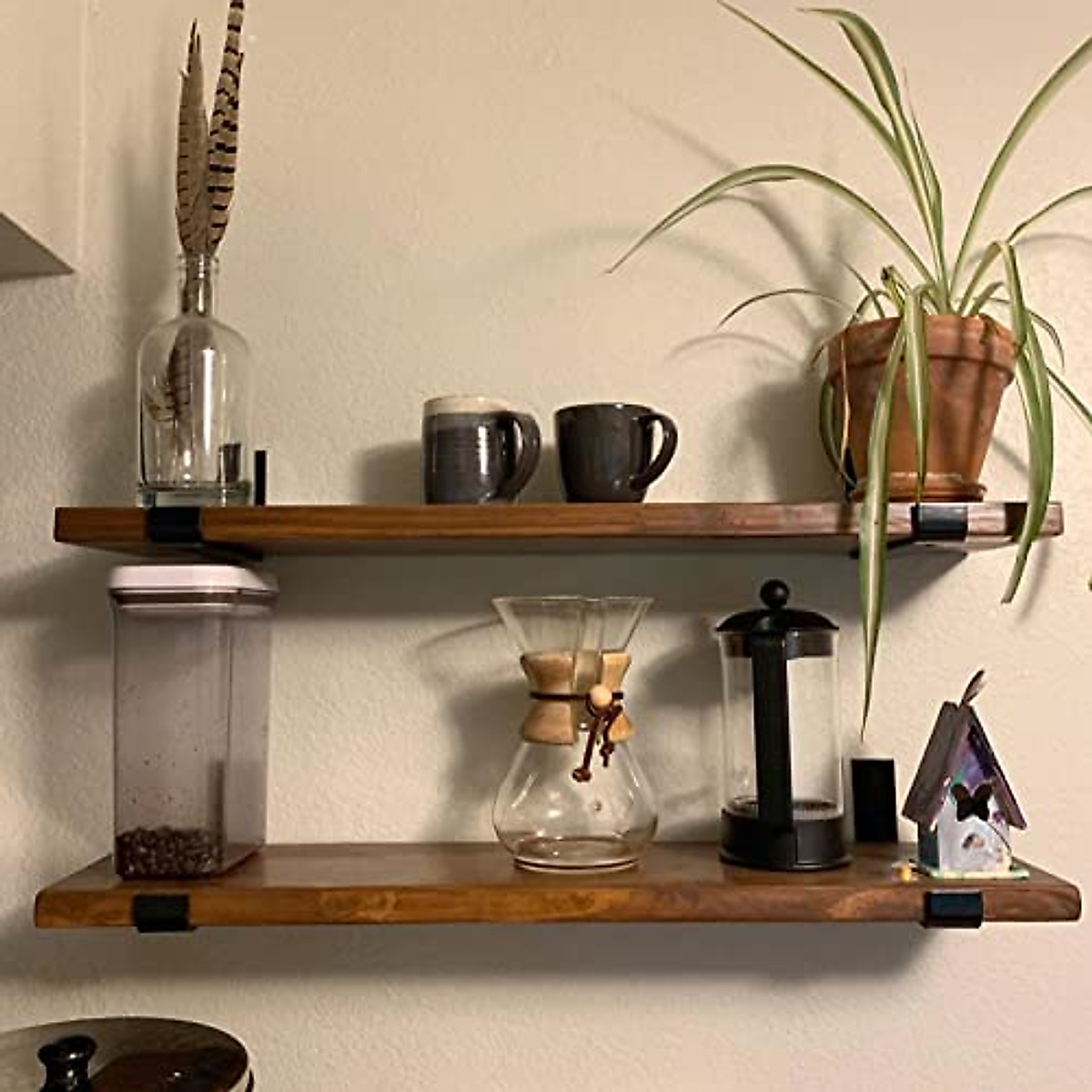 LuckIn 8 Inch Wall Shelf Brackets (Fit 7.25" Board) 4-Pack, Heavy Duty Black Iron, Mantel, Kitchen, Bathroom Floating Shelf Hardware