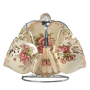 YOLIFE Tea Cups and Saucers Set of 2, Porcelain Floral Tea Cups Set with Holder, Fancy Vintage Tea Cups 8 oz