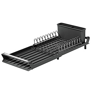 E-ROOM TREND Extendable Dish Drying Rack, Multifunctional Dish Rack for Kitchen Counter, Anti-Rust Drying Dish Rack with Cutlery Holders 18.6" L x 7.9" W, Black(DR402B)