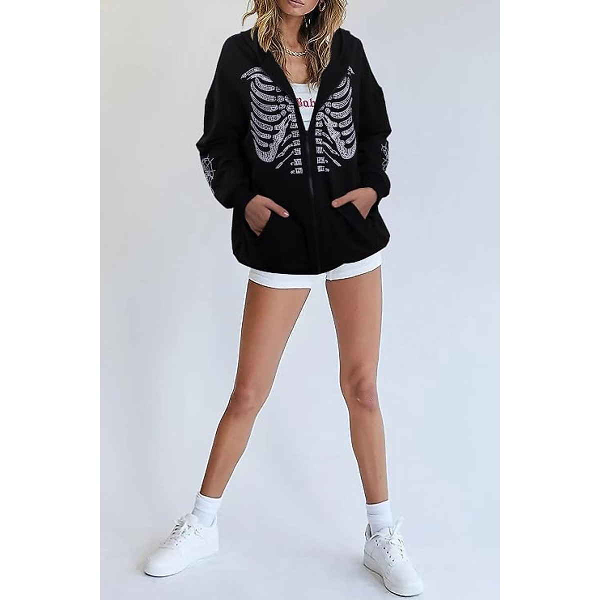 MOUSYA Women’s Skeleton Oversized Zip Up Hoodie Y2k Skull Sweashirt Rhinestone Graphic Hoodies Fall Long Sleeve Pullover Tops Black