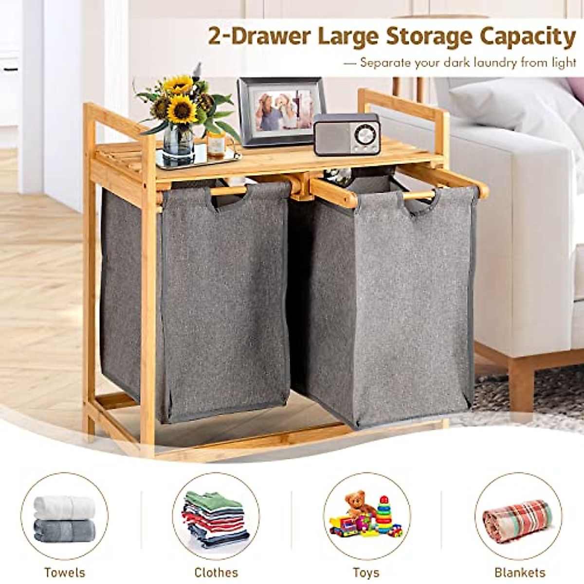 Giantex Bamboo Laundry Hamper with Dual Compartments, 2-Section Laundry Sorter w/Removable Sliding Bags & Shelf, Laundry Basket w/Handles, Utility Laundry Storage Organizer for Bathroom Bedroom