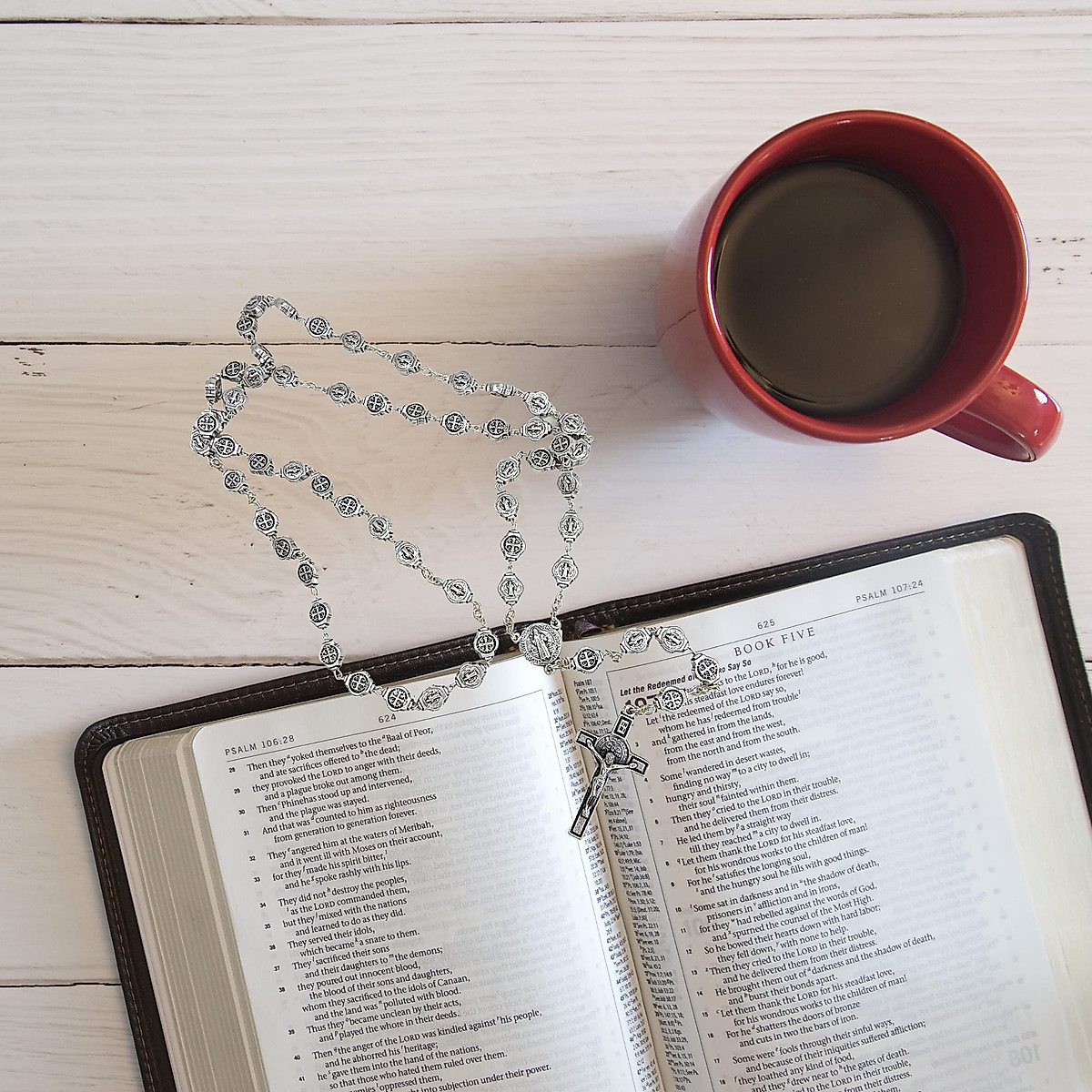 Oxidized Silver Saint Benedict Medal Exorcism Protect Beads Rosary, 22 Inch