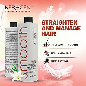 KERAGEN - Brazilian Smoothing Keratin Hair Treatment, Blowout Straightening System for Dry and Damaged Hair - Forte, Sulfate Free - Eliminates Curls and Frizz, Medium to Coarse Hair (16 Oz)