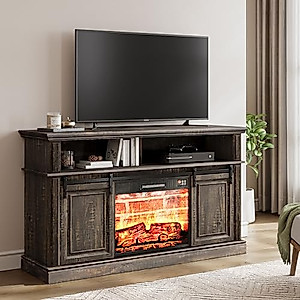 LGHM Farmhouse TV Console for 65 inch TV, Dark Rustic Oak Entertainment Center with Electric Fireplace, Sliding Barn Door