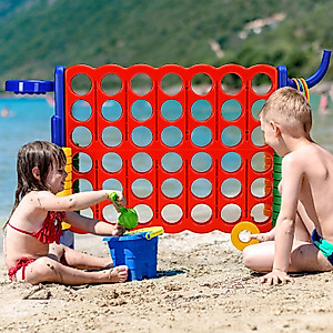 COSTWAY Jumbo 4-to-Score Giant Game Set for Kids & Adults, 2.5Ft Indoor Outdoor Game Set with Basketball Hoop, Ring Game, 42 Jumbo Rings, Quick-Release Slider, Perfect for Holiday Party (Blue)