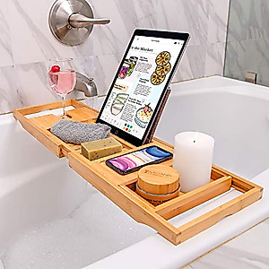 Homemaid Living Luxury Bamboo Bath Tray for Bathtub - Expandable Bathroom Tray with Reading Rack or Tablet Holder, Bath Tray with Wine Glass Holder, Bathroom Caddy, Fits All Bathtubs (Natural Bamboo)