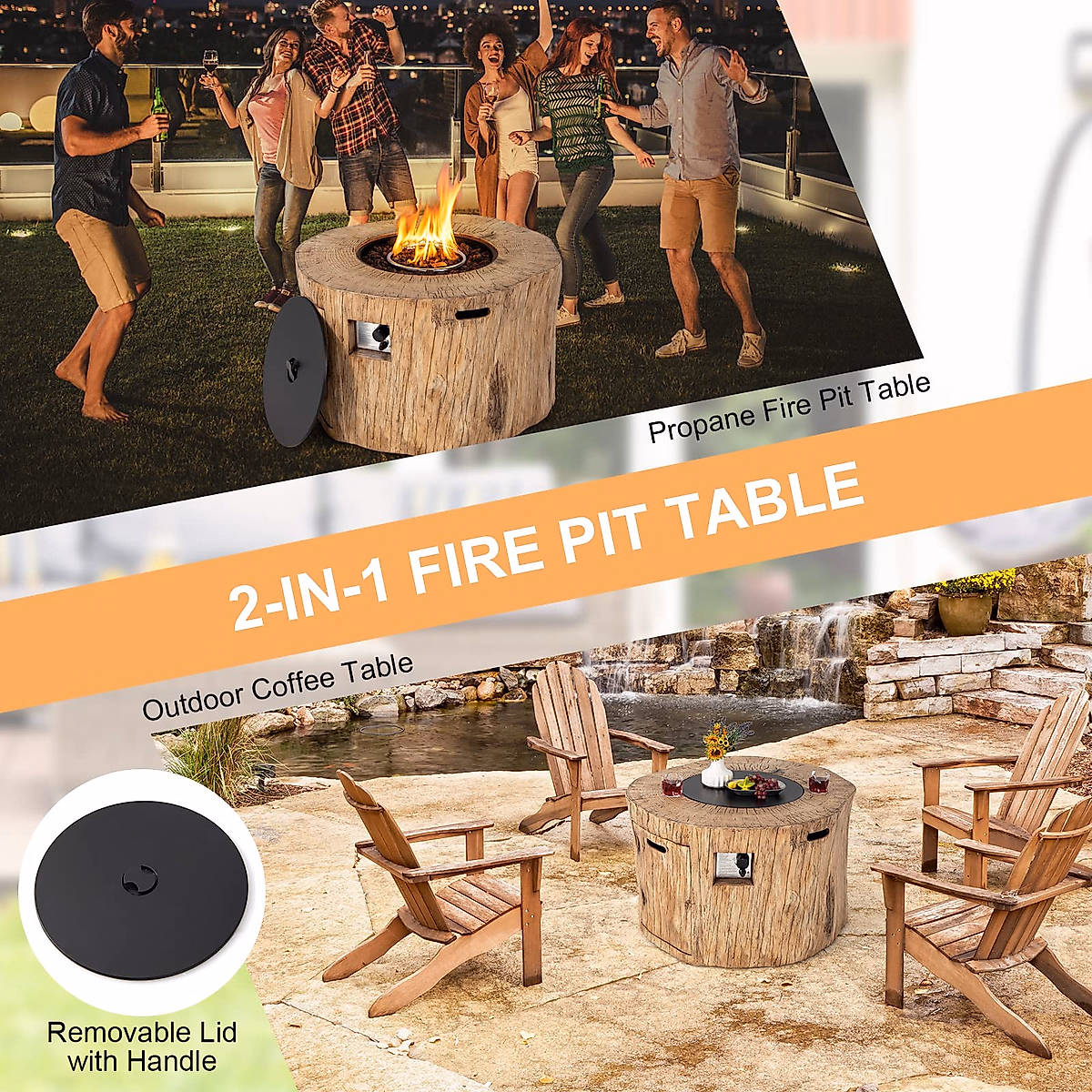 Tangkula 50,000 BTU Gas Fire Pit Table, Patiojoy 40” Round Propane Firepit with Removable Lid, Volcanic Rock & PVC Cover, Outdoor Fire Pit Table with Wood-Like Surface for Patio, Backyard