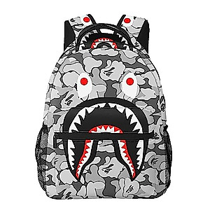 AIRPO Fashion Shark Camo Backpacks Blue Camo Large Capacity Laptop Daypack Lightweight Backpack Casual Travel Travel Hiking Bag For Women Men