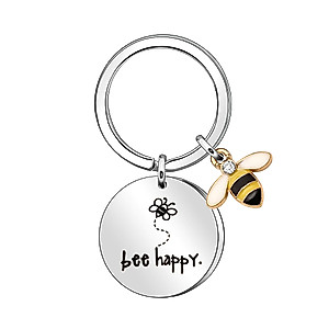 Women's Keychain " Bee Happy" Keyring Keychain, Gift for Mom, Aunt, Daughter, Niece, Friends (Silver)