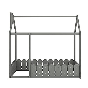 BIADNBZ Twin Size House-Shaped Bed Frame with Fence and Roof, Wooden Floor Platform Bedframe for Kids Girls Boys Bedroom, Gray