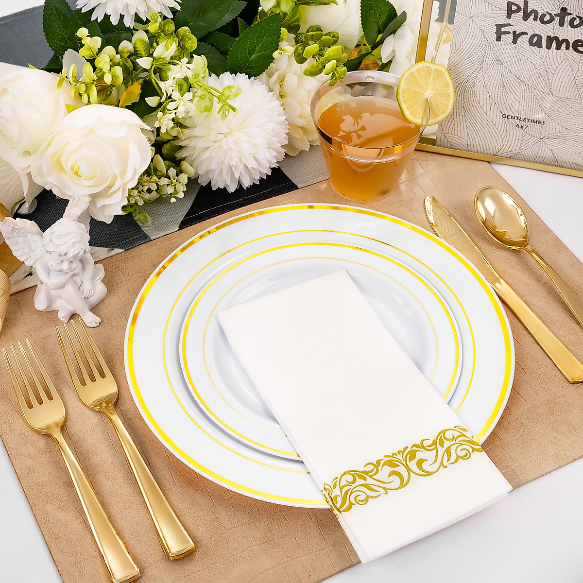 bUCLA 350PCS Gold Plastic Dinnerware Set - Gold Plastic Plates Disposable for 50 Guests Include 50 Dinner Plates,50 Dessert Plates,50 Forks,50 Knives,50 Spoons,50 Cups&50 Napkins for Party