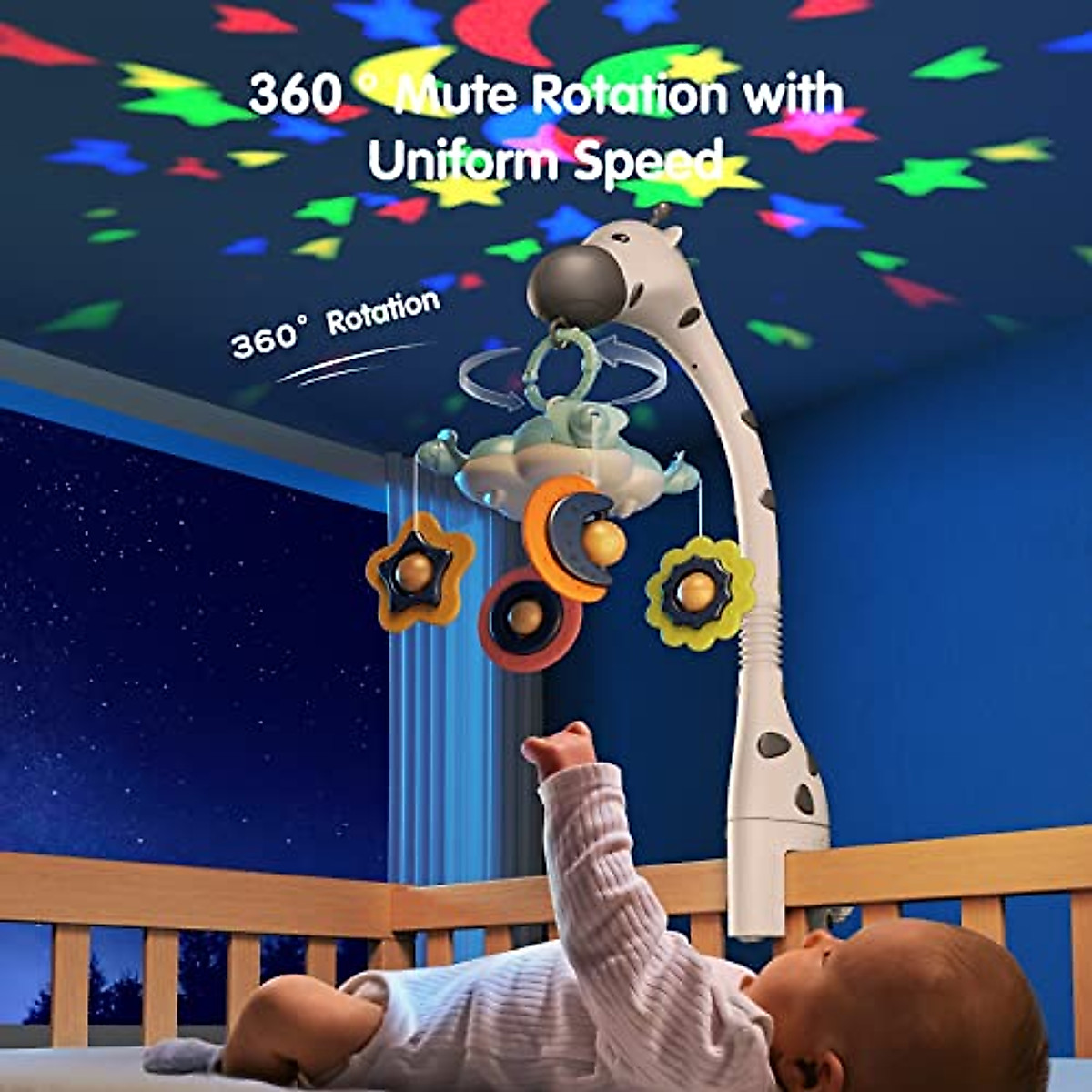 TUMAMA Baby Crib Mobile,3 in 1 Crib Toys with Remote Control,Projection Night Light, Music and White Noise, Mute Spin Motor Nursery Sensory Toys for Infant 0 3 6 9 Month Newborn Xmas Gift